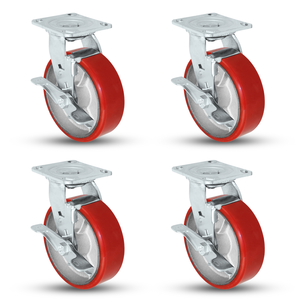 6" x 2" Red Polyurethane on Iron Caster Set | 4 Swivels with Brakes ...